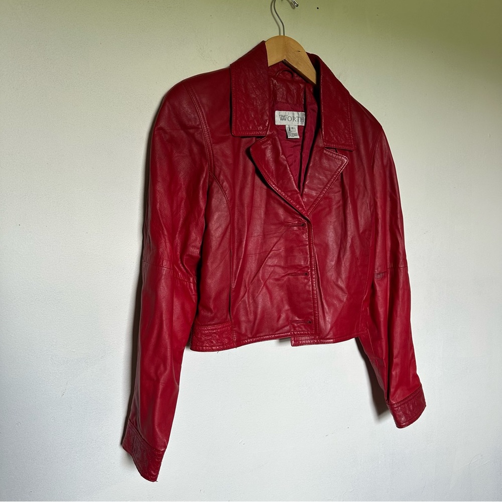 W By Worth 90s Glam Red Leather Cropped Jacket (B9) - Gem